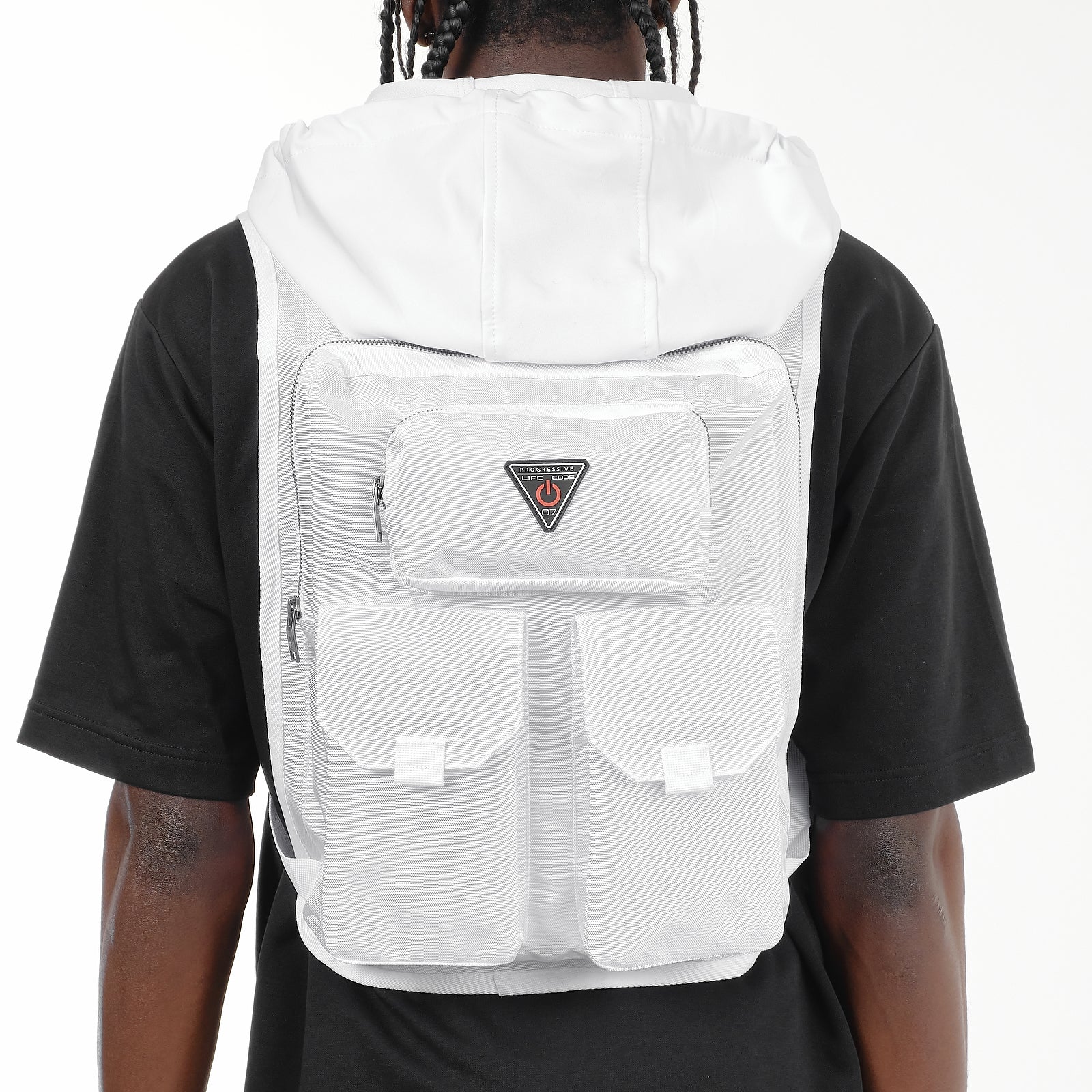 V19. WHITE BACKPACK VEST W/ HOOD – LIFE CODE