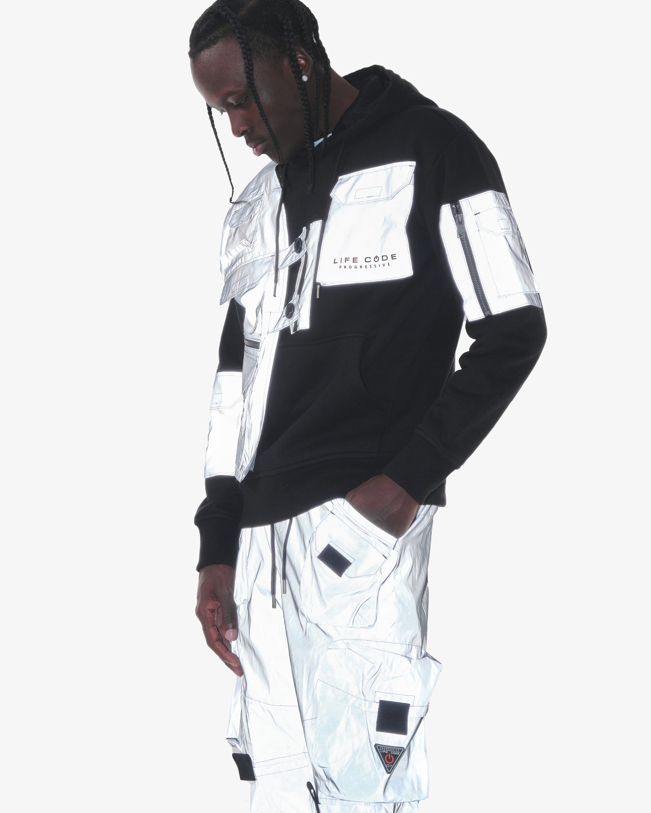 J35. REFLECTIVE SILVER / BLACK UTILITY HOODIE – LIFE CODE