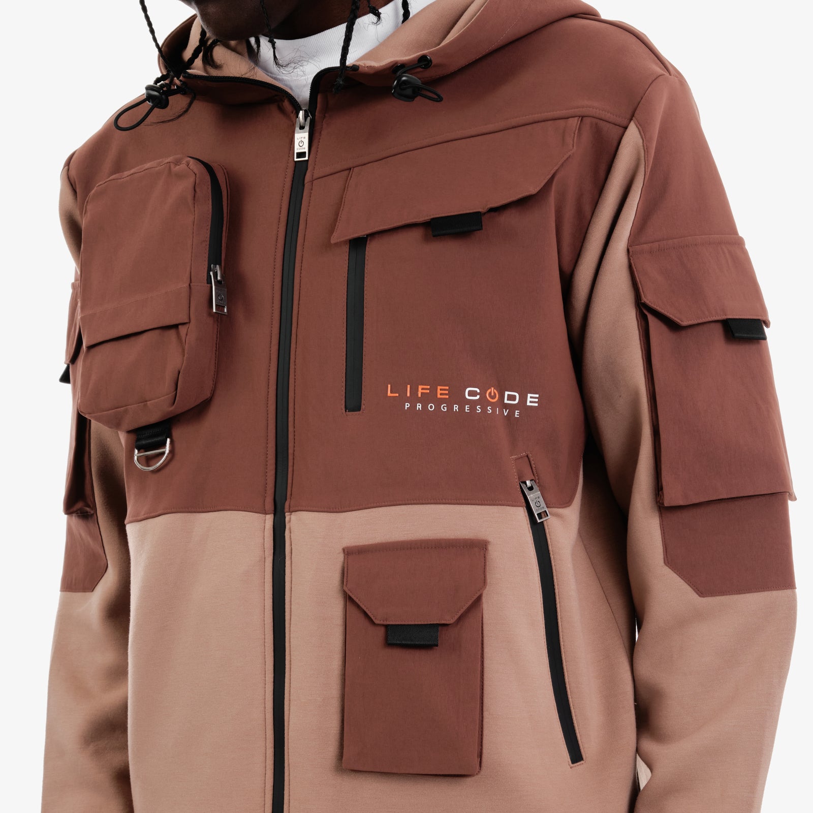 J32. MOCHA BROWN FULL-ZIP UTILITY HOODIE – LIFE CODE